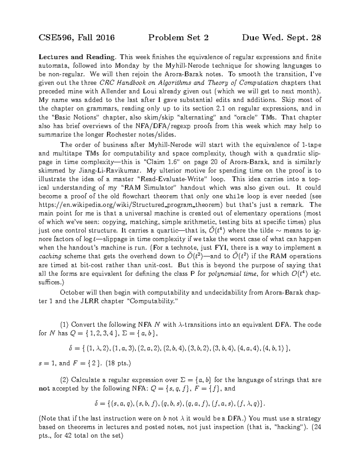 CSE596 problem set 2 fall 2016 q + a - CSE596, Fall 2016 Problem Set 2 Due Wed. Sept. 28 ...