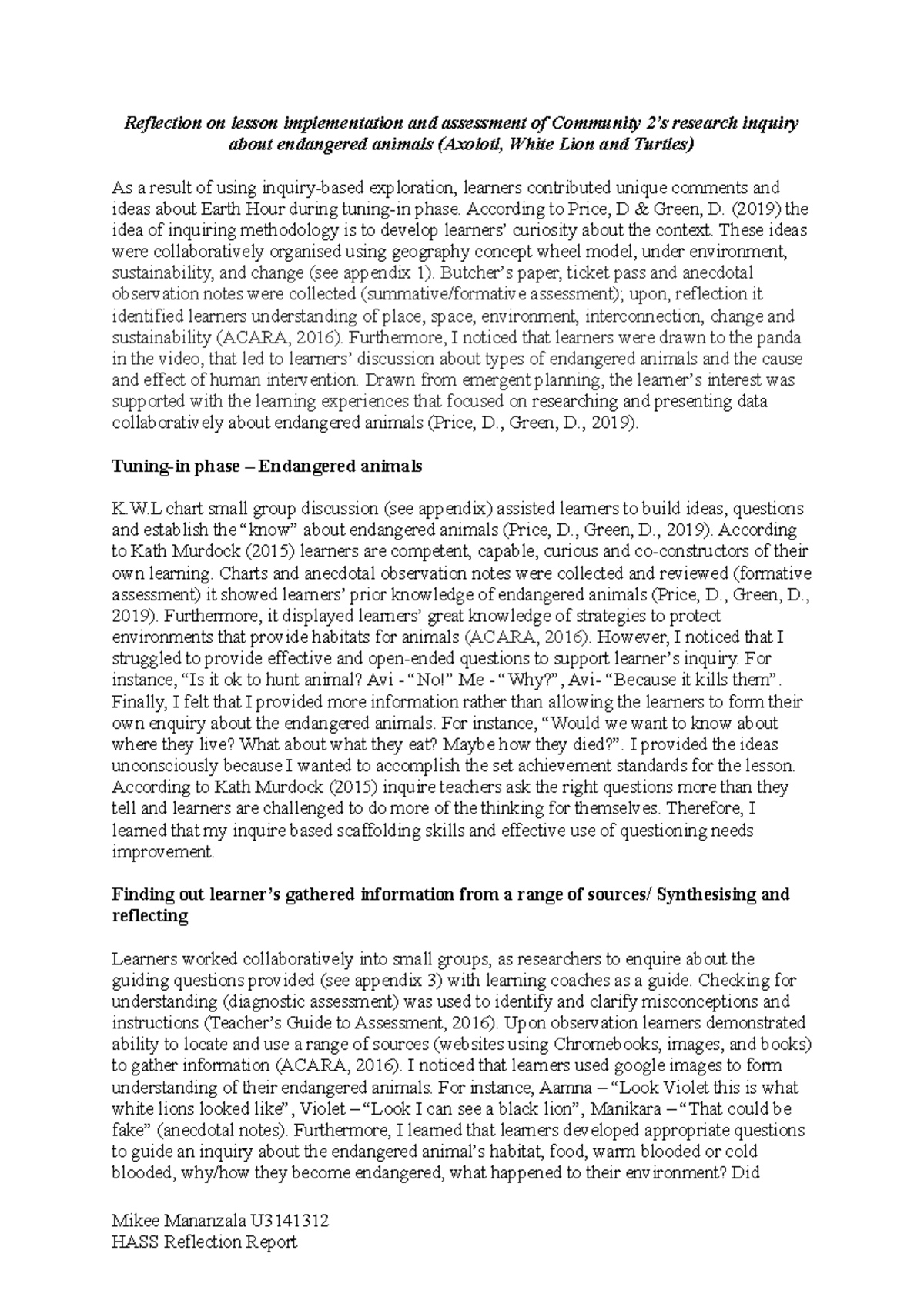 Reflective Report U 3141312 - Reflection on lesson implementation and ...