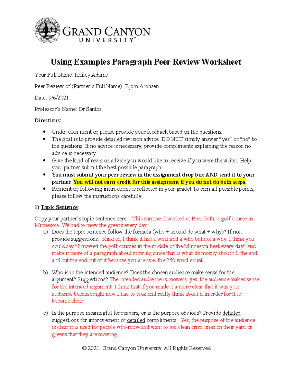 UNV-100 Using Examples Peer Review Worksheet - Using Examples Paragraph ...
