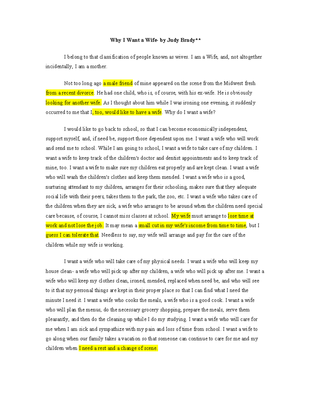 Why IWanta Wife - essay - Why I Want a Wife- by Judy Brady** I belong ...