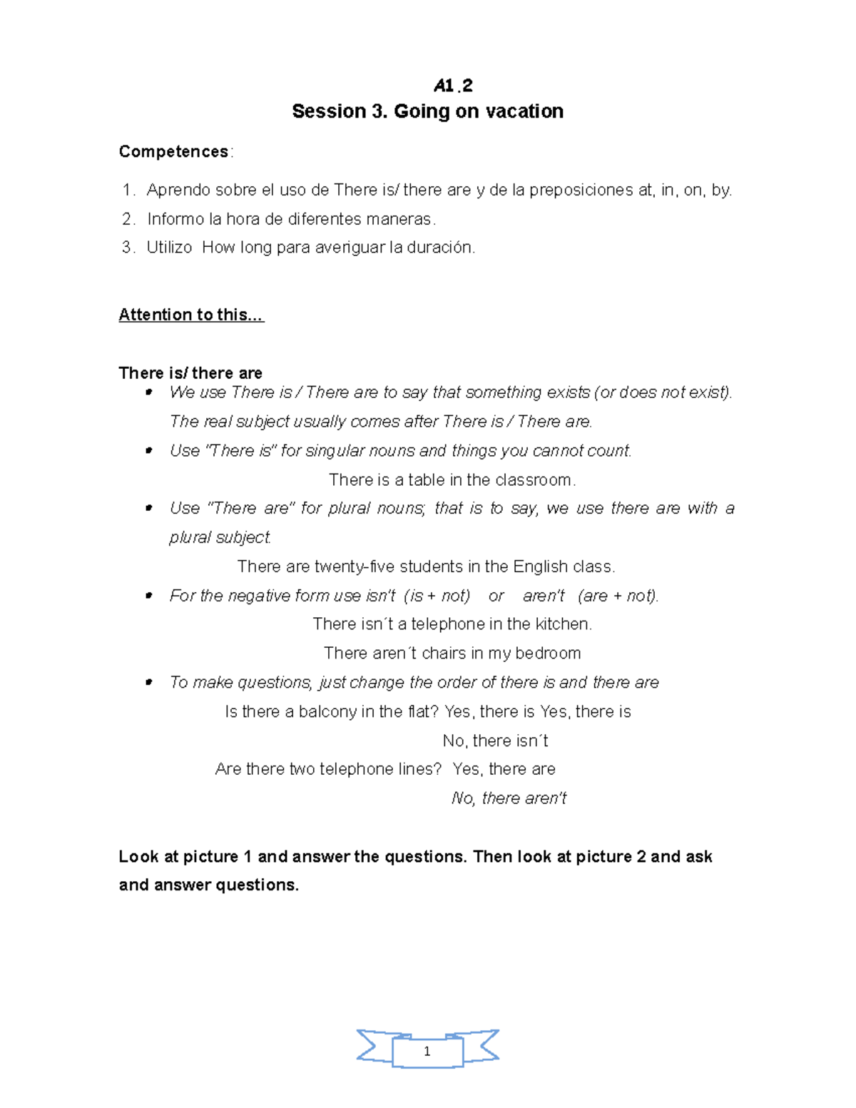 A1.2 Session 3 - 1dasdsadadsafasf - A1. Session 3. Going on vacation Competences: 1. Aprendo ...