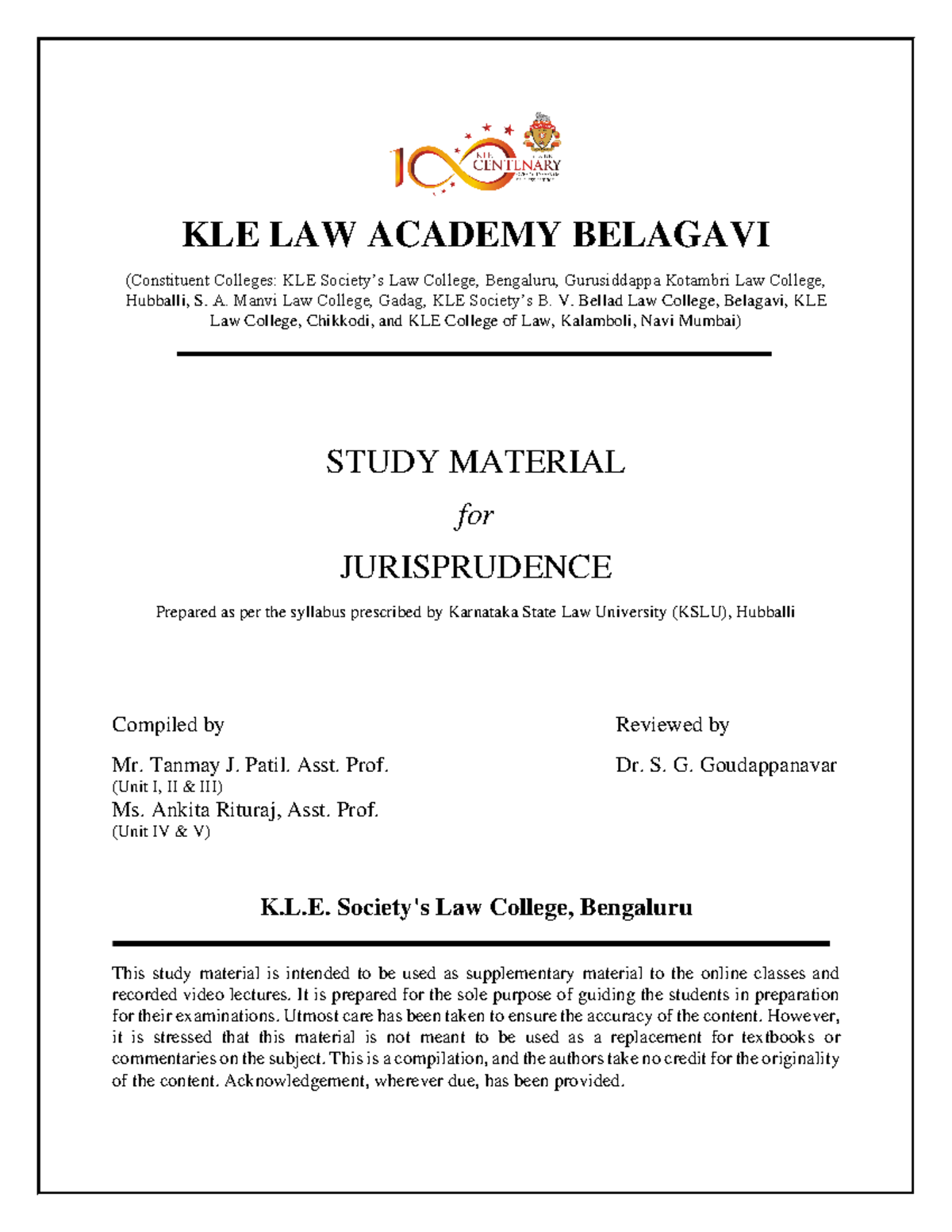 Jurisprudence notes all units - KLE LAW ACADEMY BELAGAVI (Constituent ...