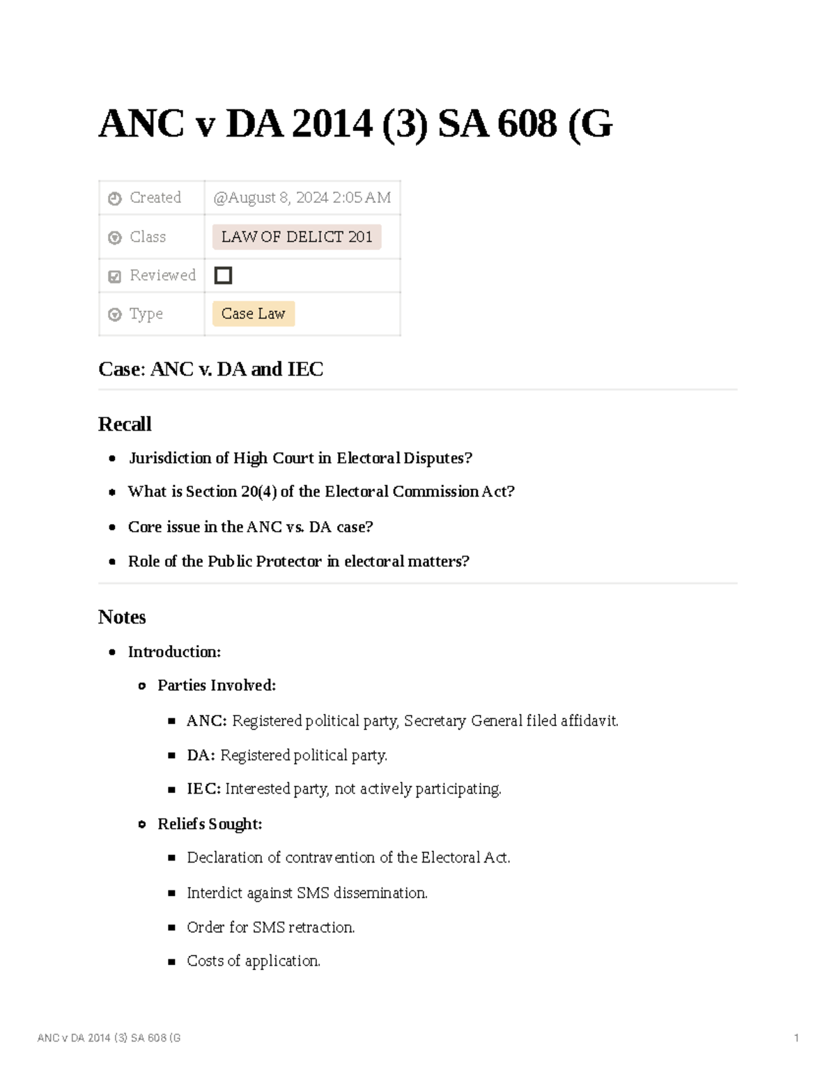 ANC v DA 2014 - Del201 - ANC v DA 2014 3 SA 608 G 1 ANC v DA 2014 (3 ...