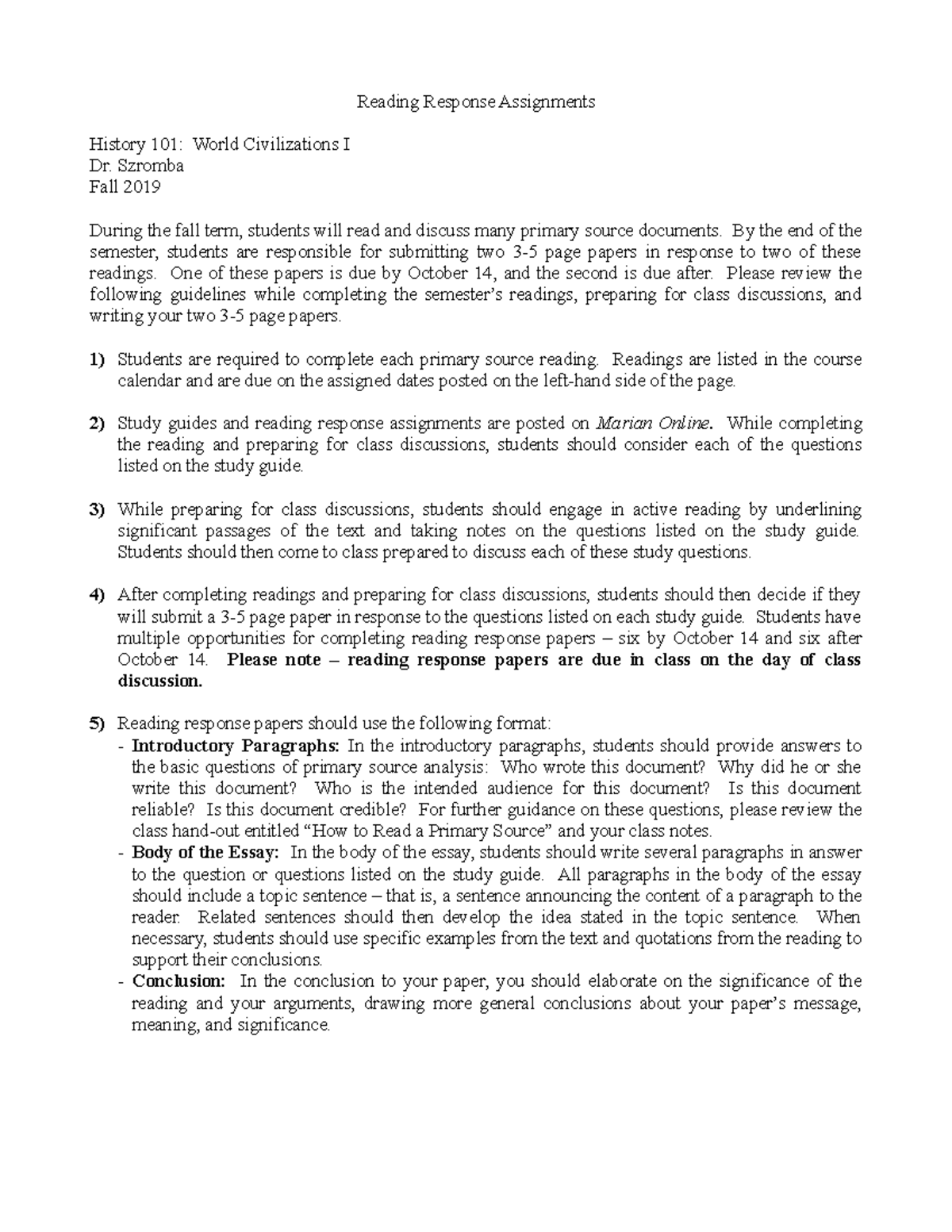 Reading Response Assignments - Reading Response Assignments History 101 ...