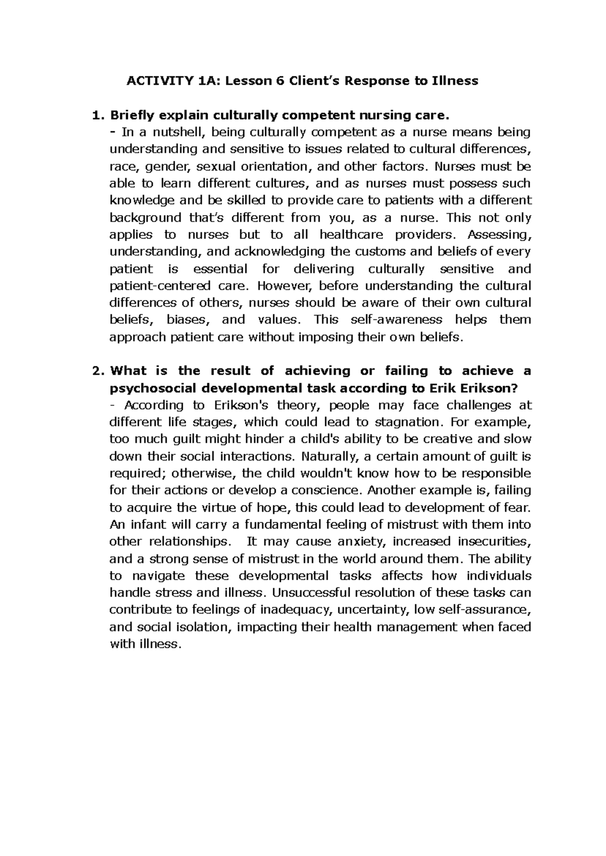 Activity 1A Lesson 6 Client’s Response to Illness - ACTIVITY 1A: Lesson ...