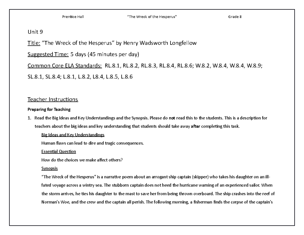 Grade 8 The Wreck of Hesperus PH TWHPH - Unit 9 Title: “The Wreck of ...