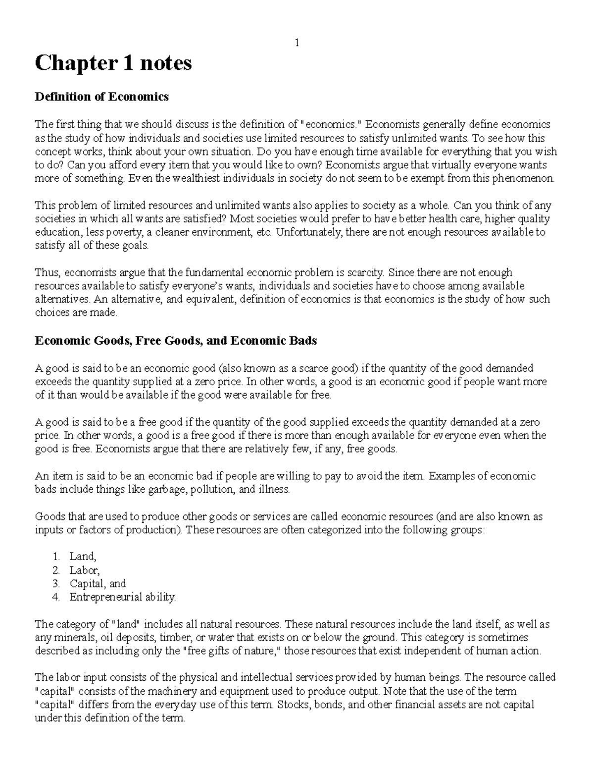 Lectuer Notes Ecn1100 Micro Economics 1 Chapter 1 Notes Definition
