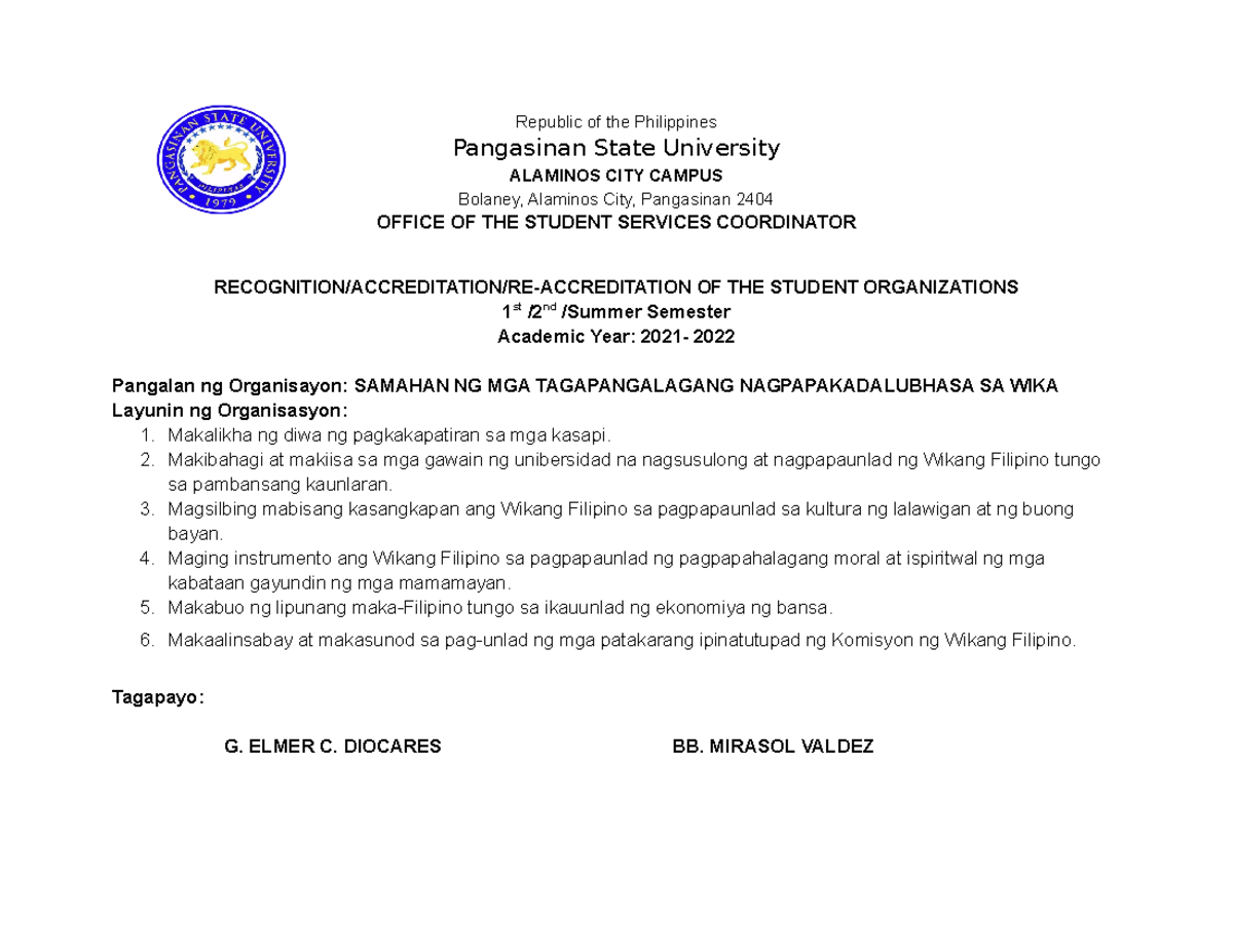 Tagnawa Reacceditation Sample 2021-2022 - Bachelor of Secondary ...