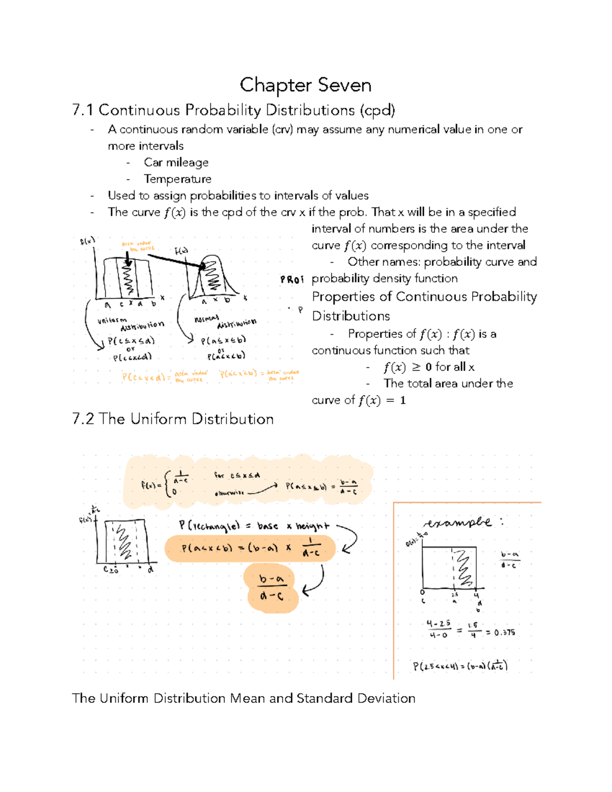 Chapter Seven - Prof Nielson - Chapter Seven 7 Continuous Probability Distributions (cpd) A ...