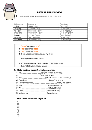 Present simple FICHA DE EJERCICIOS - Present Simple Complete the text with the "s" for the - Studocu