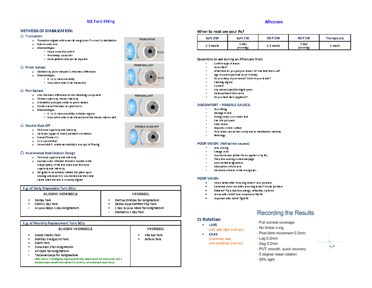 Toric CL Fitting + Aftercare + CL Prelims - SCL Toric Fitting METHODS ...