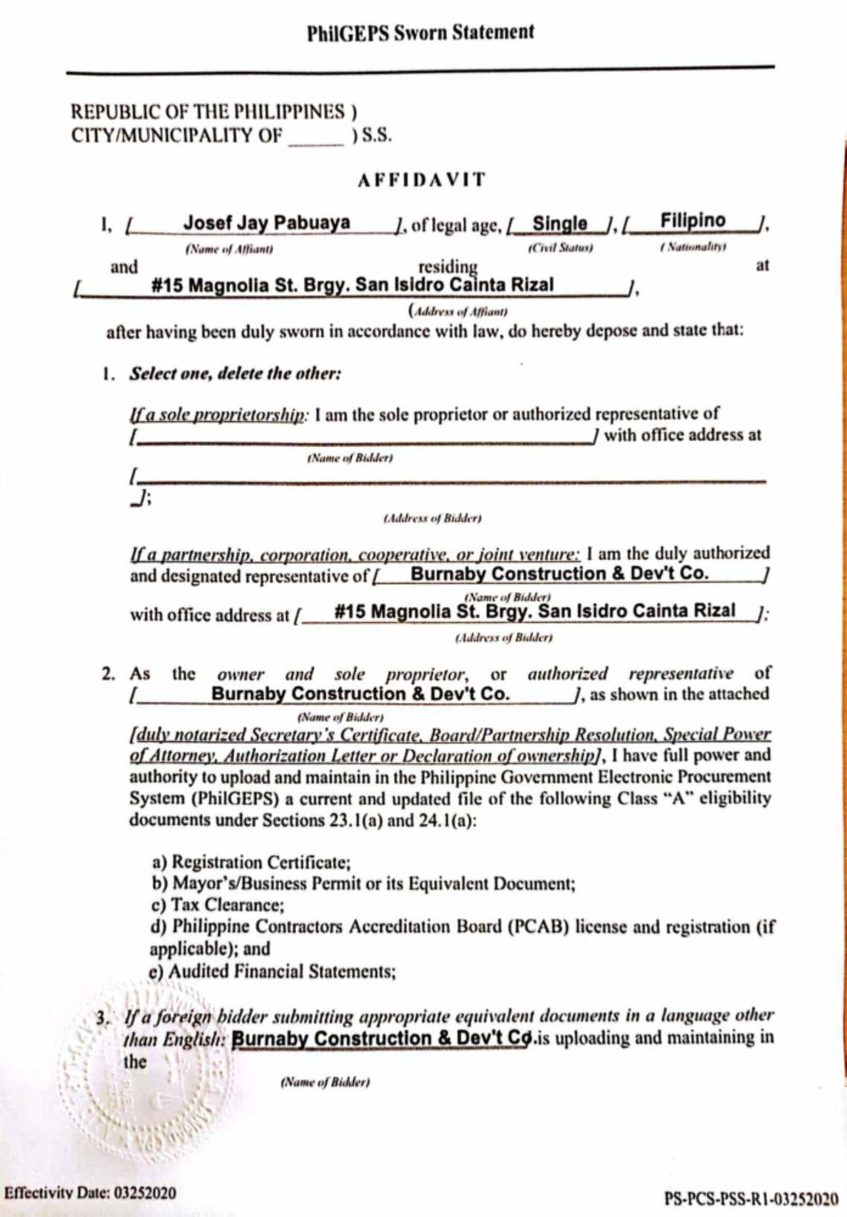 Philgeps sworn statement - PhilGEPS Sworn Statement REPUBLIC OF THE ...