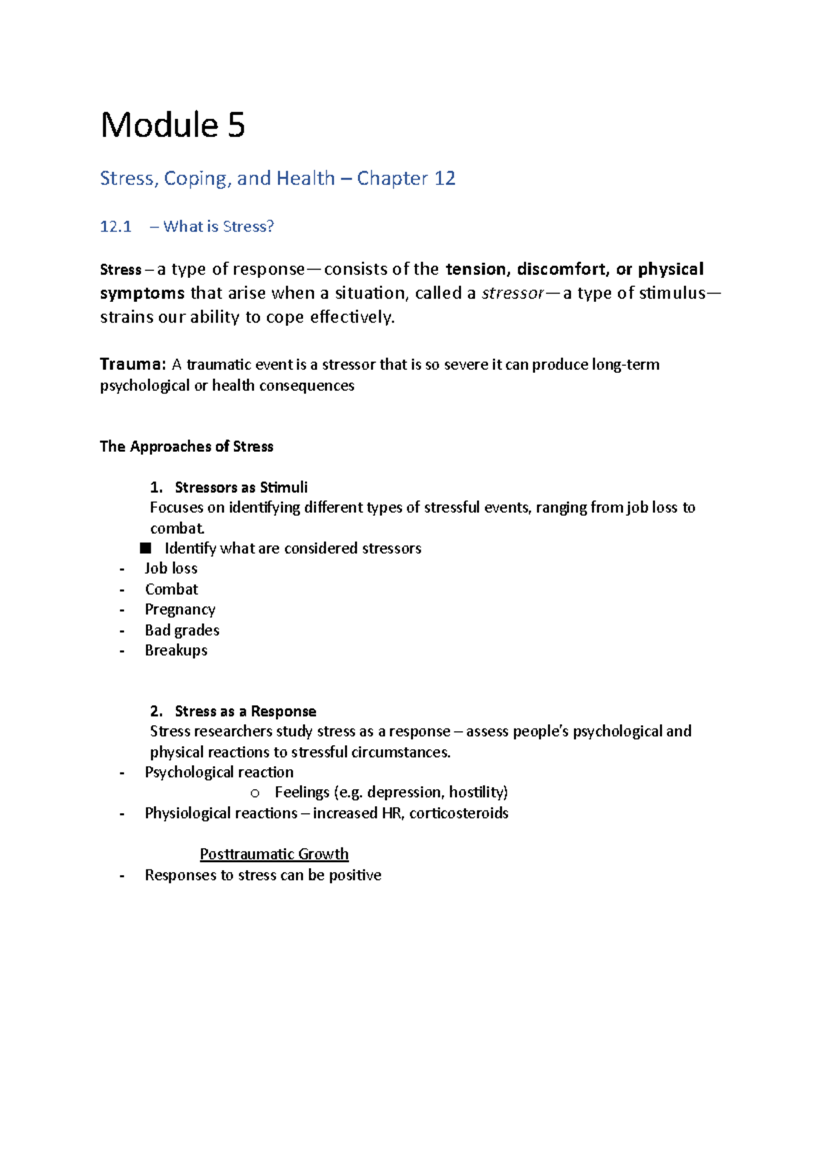 Module 5 Lecture Notes - Module 5 Stress, Coping, and Health – Chapter ...
