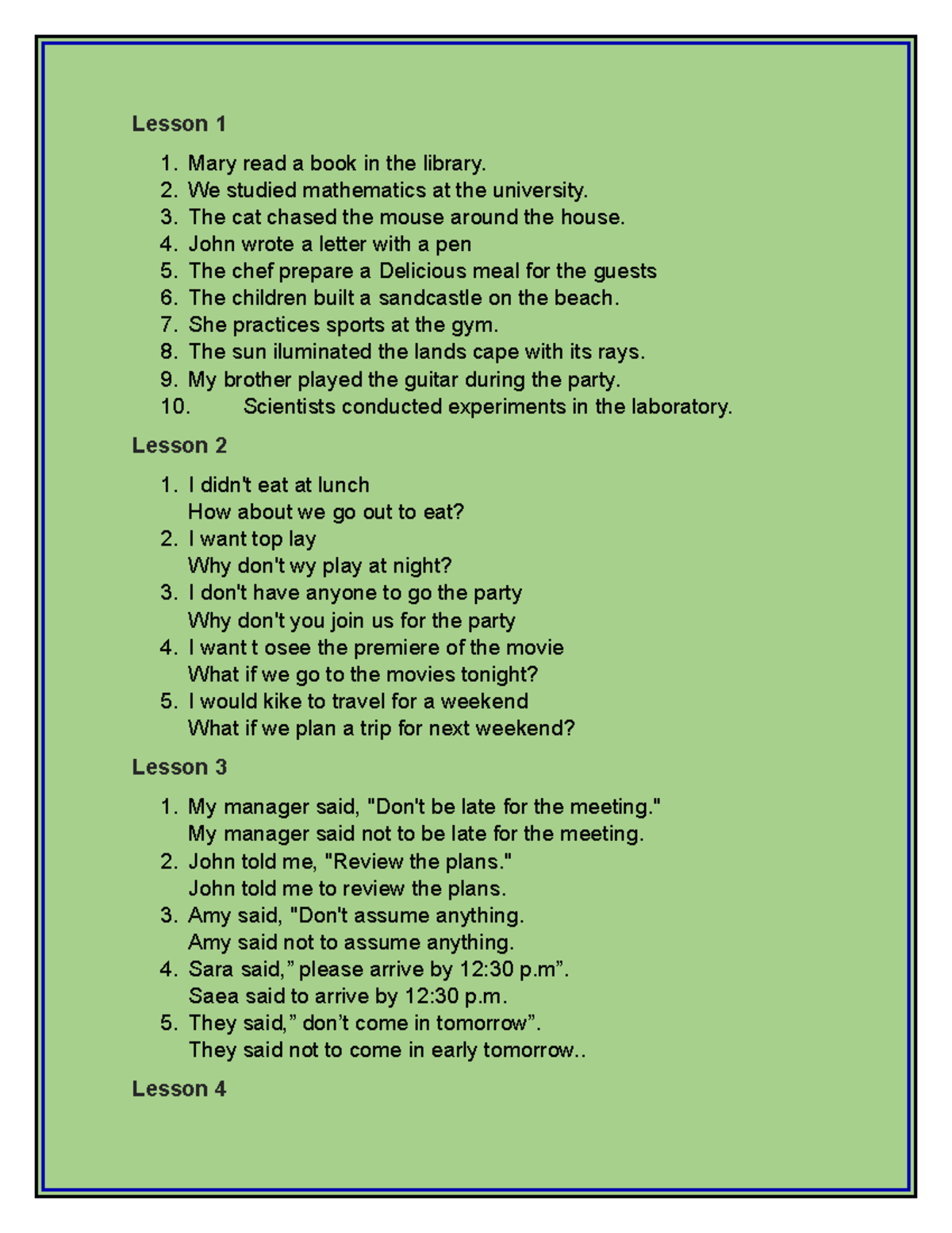 40 oraciones de ingles - Lesson 1 1. Mary read a book in the library. 2 ...