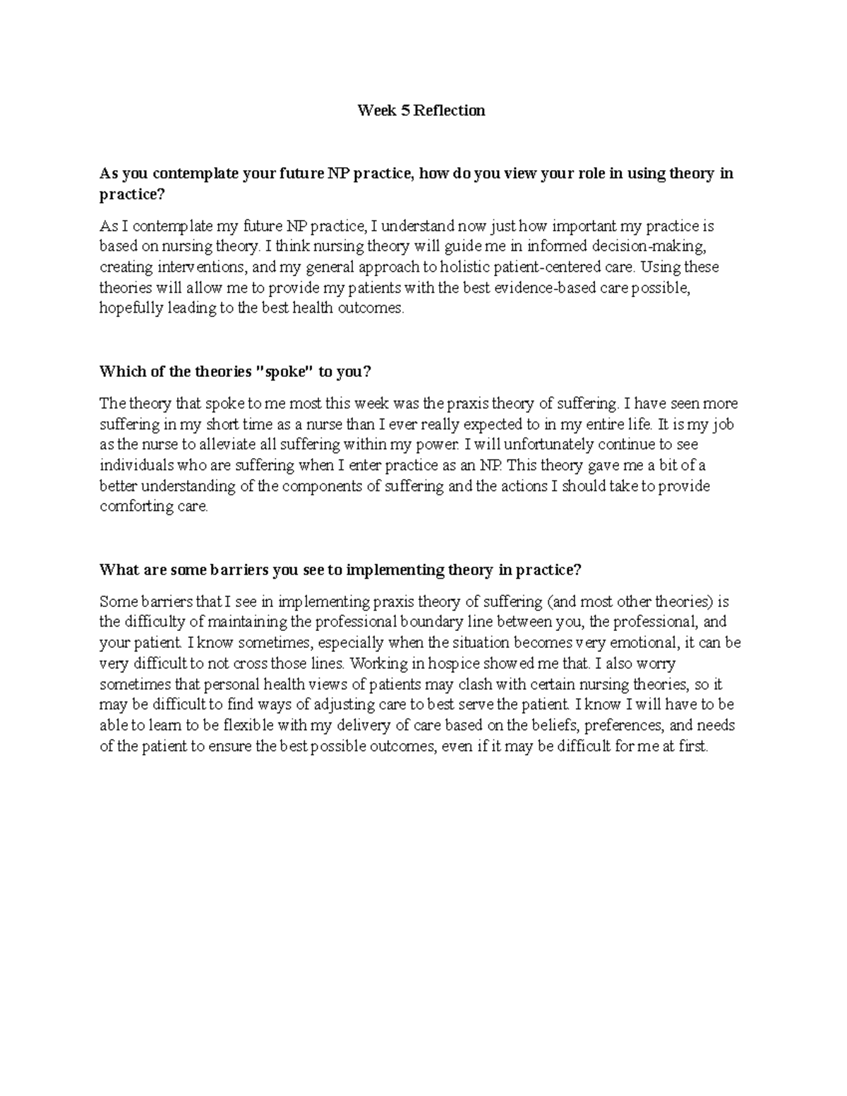 Week 5 Reflection - Week 5 Reflection As you contemplate your future NP ...