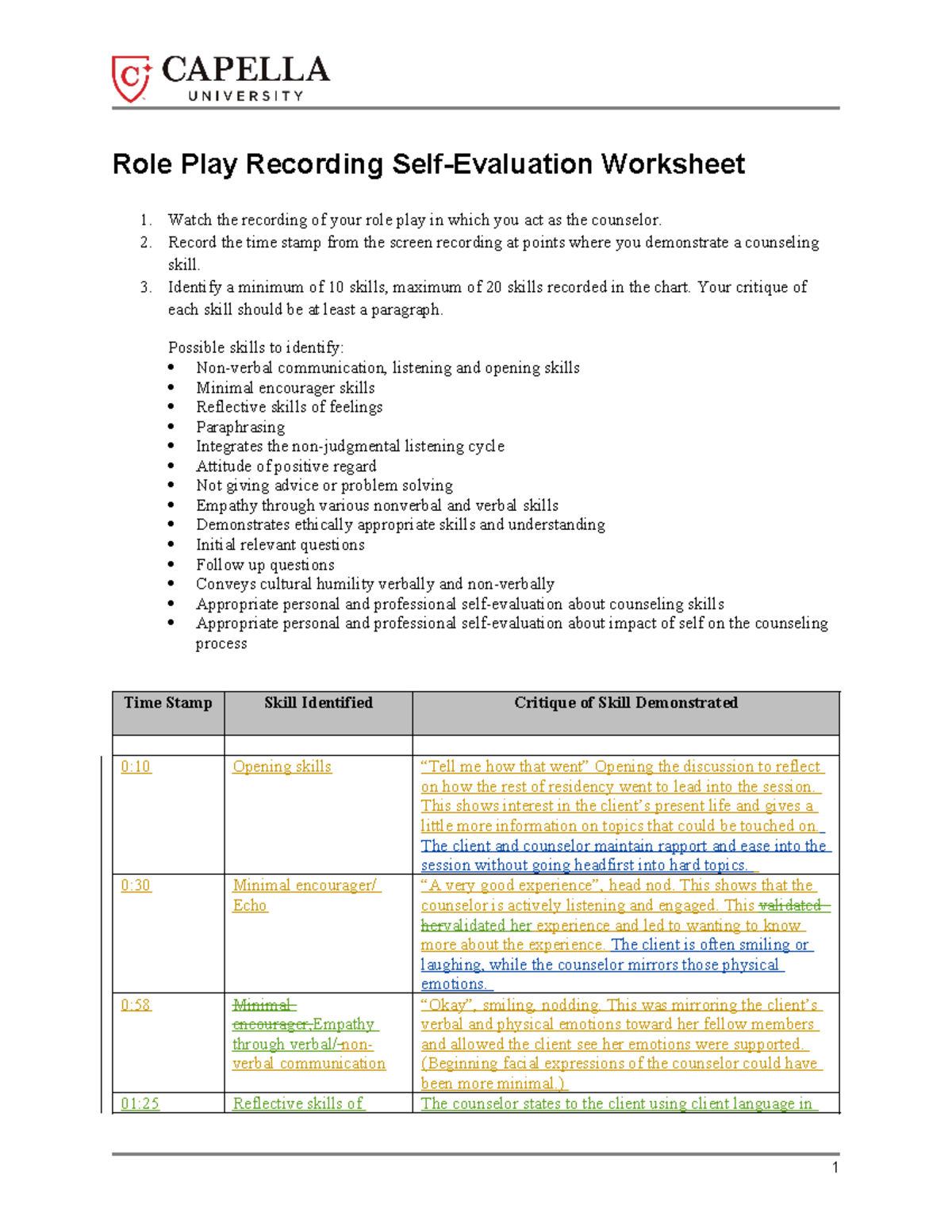 Roleplayanalysisweek 7 - Role Play Recording Self-Evaluation Worksheet ...