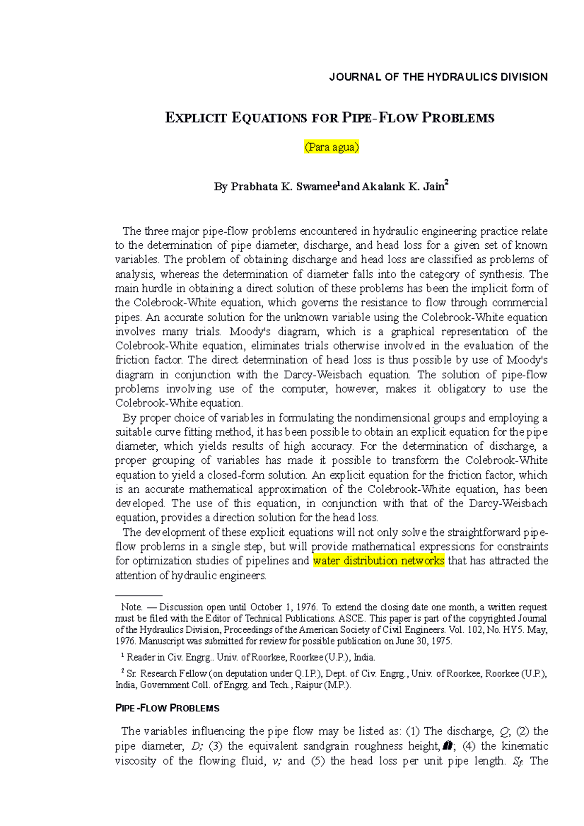 1976 - Swamee - JOURNAL OF THE HYDRAULICS DIVISION EXPLICIT EQUATIONS ...