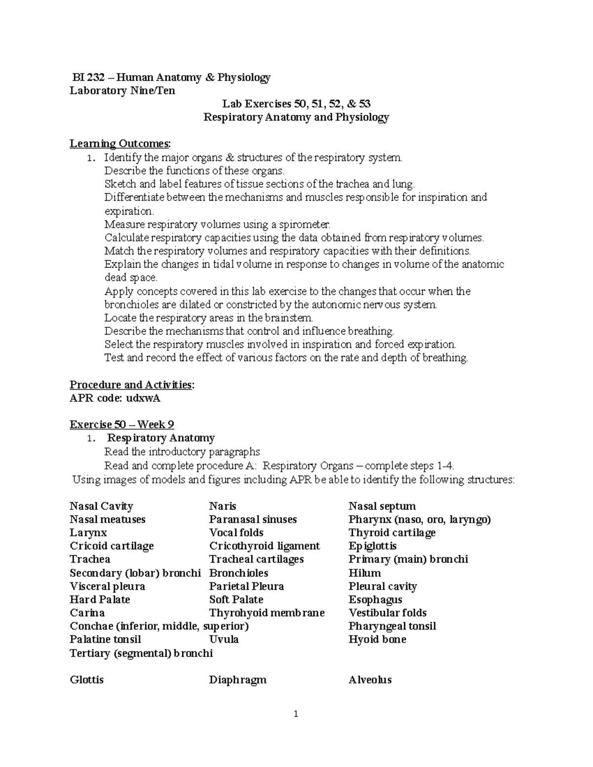 Lab 9 and 10 Respiratory lab martin update-1 - BI 232 – Human Anatomy ...