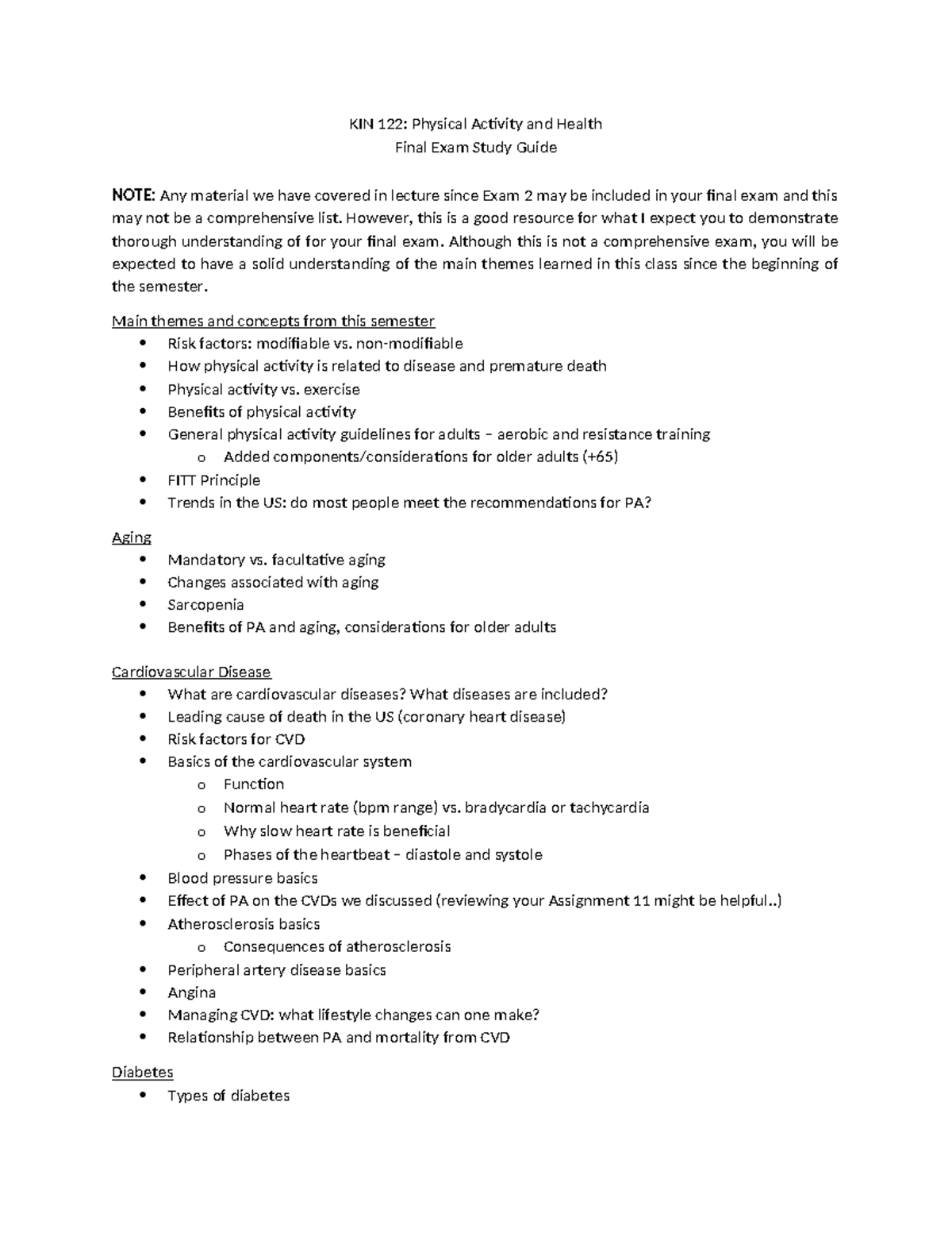 Final Exam Study Guide - KIN 122: Physical Activity and Health Final ...