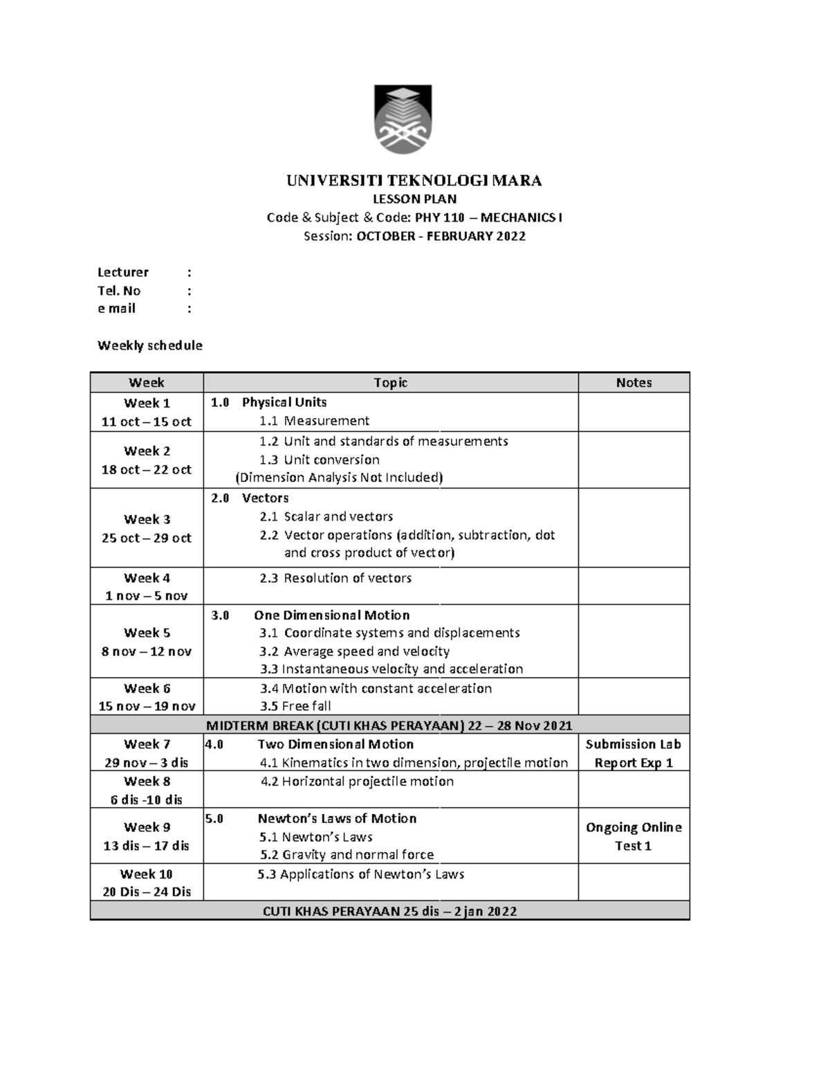 Lesson PLAN PHY110 AND PHY210 - UNIVERSITI TEKNOLOGI MARA LESSON PLAN ...