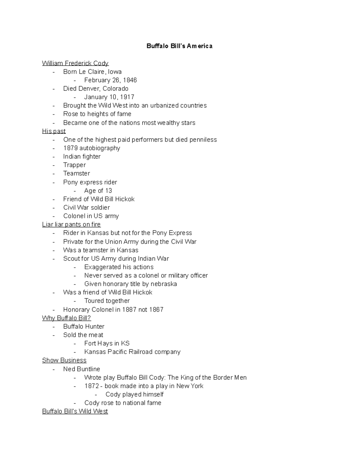 Buffalo Bill’s America - HIST2300 - Buffalo Bill’s America William ...