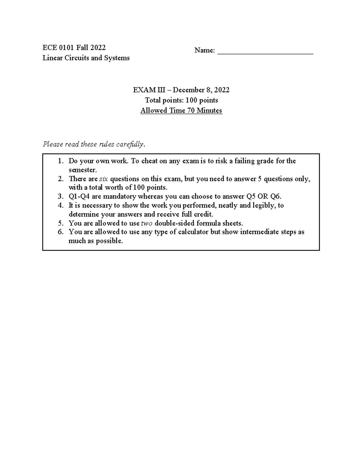 Ece 101 Fall 2022 Exam 3 Solutions Ece 0101 Fall 2022 Linear Circuits And Systems Exam Iii 