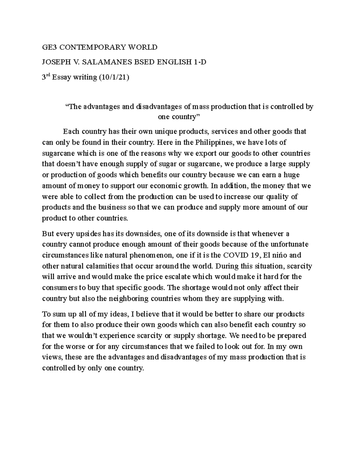 3RD Essay GE3 Contemporary World Salamanes Joseph BSED English 1-D ...