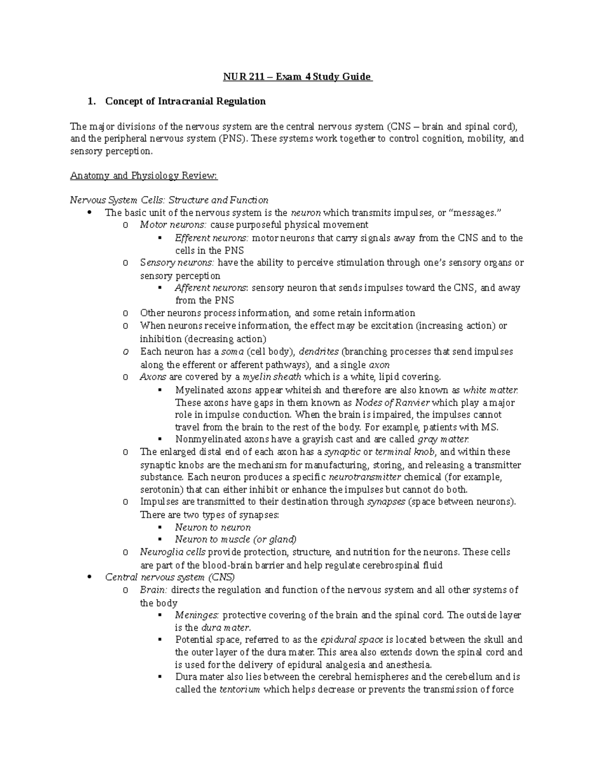 NUR 211 Exam 4 Study Guide - NUR 211 – Exam 4 Study Guide Concept of ...