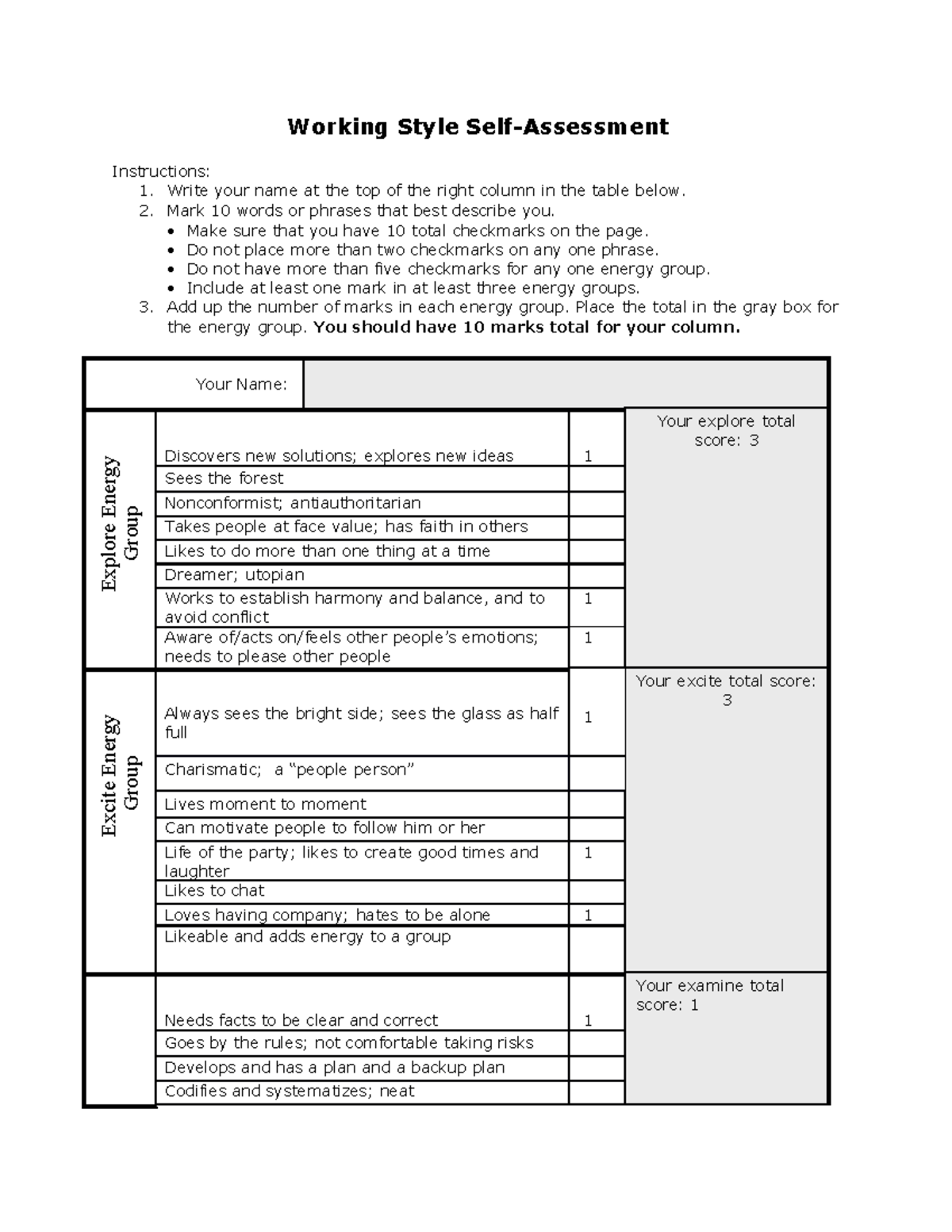 Working Style Self-Assessment - self score - Working Style Self ...