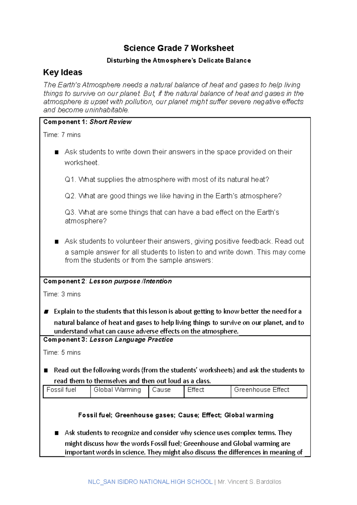 Science 7 IC WS 27 - Science Grade 7 Worksheet Disturbing the ...