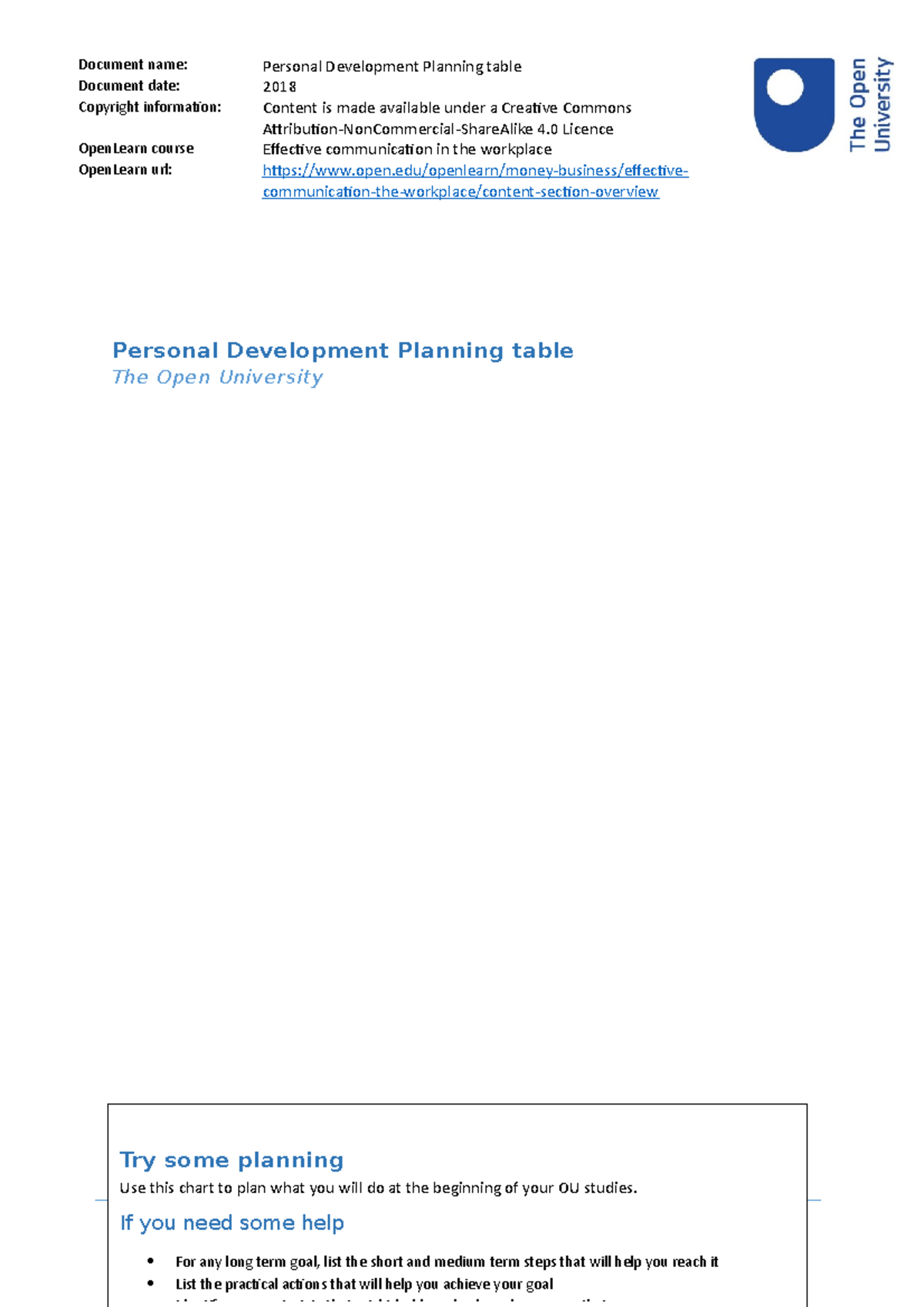 Personal development planning table - Document name: Personal ...