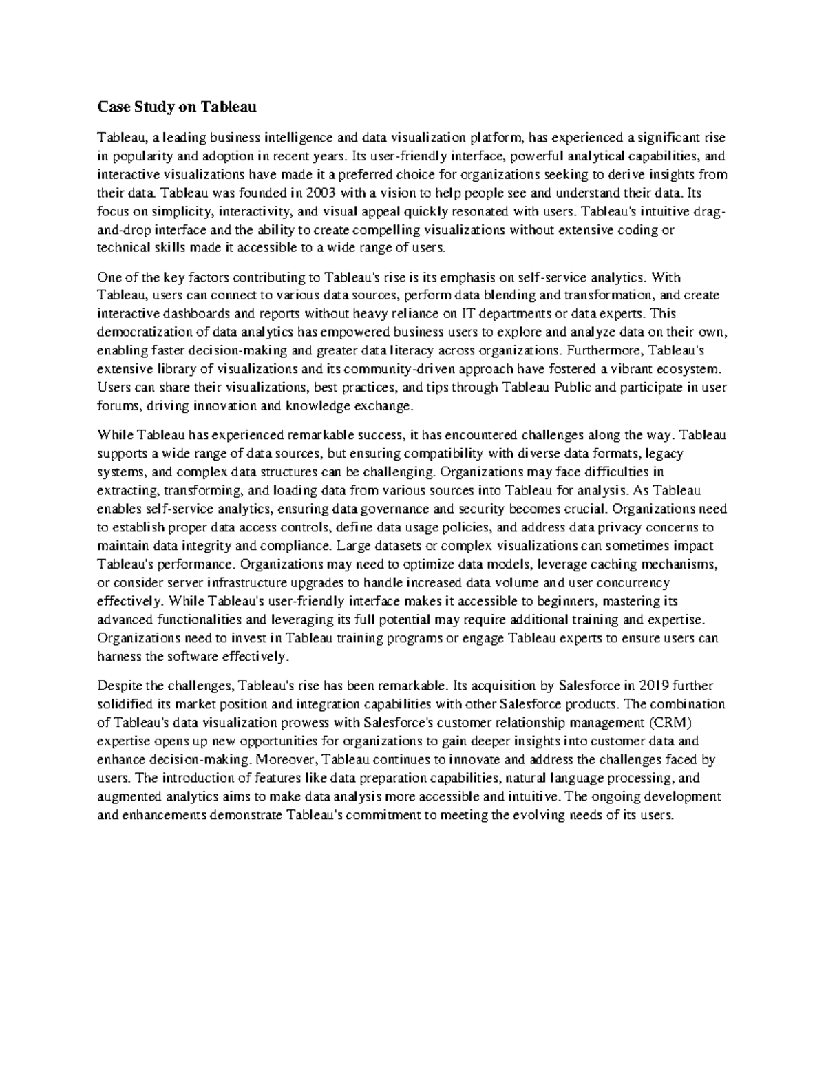 MIS Case Study - Tableau (A leading business intelligence and data ...