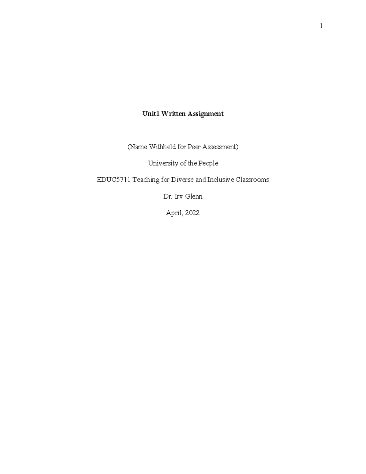 Unit1 Written Assignment - Unit1 Written Assignment (Name Withheld for ...