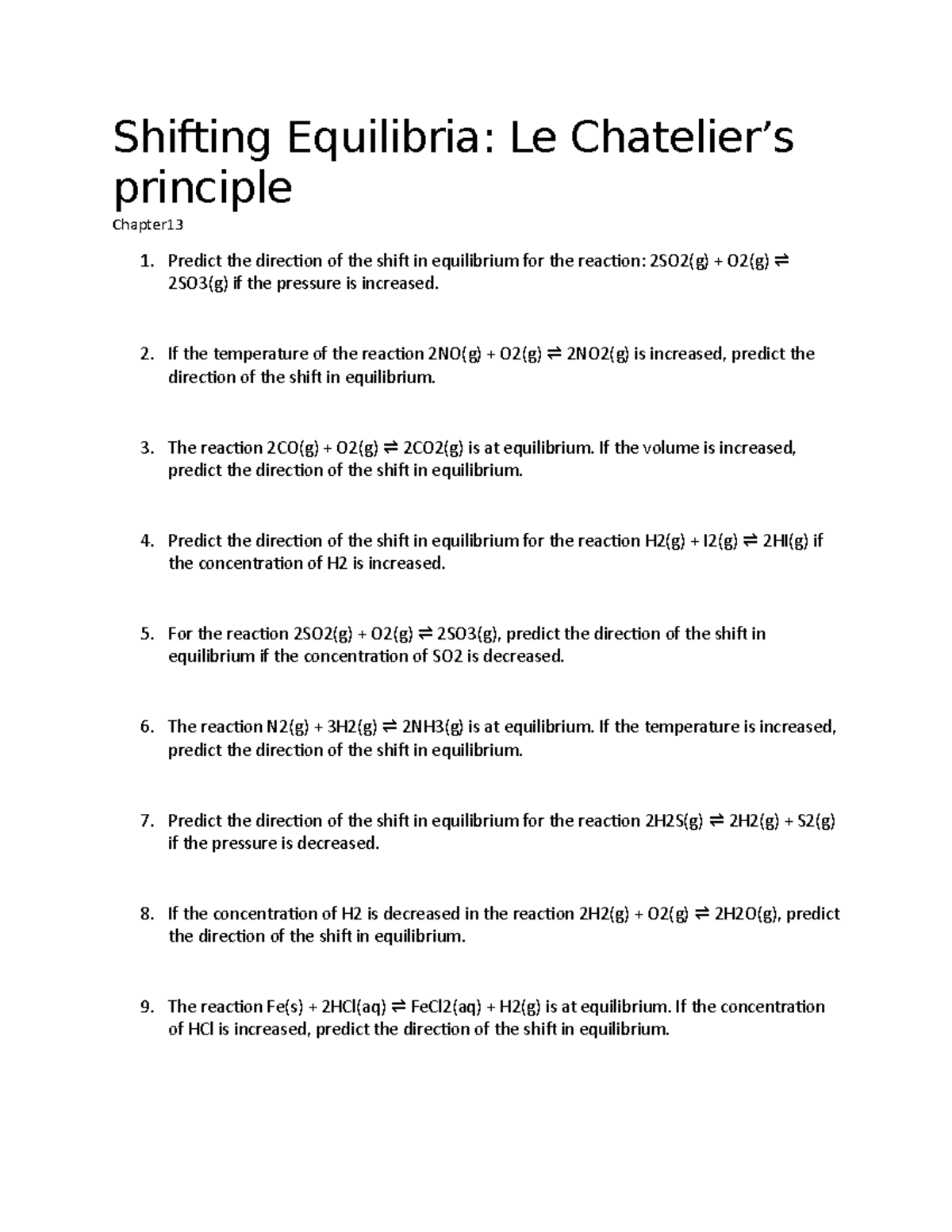 Shifting Equilibria - self-made chemistry worksheet - Shifting ...
