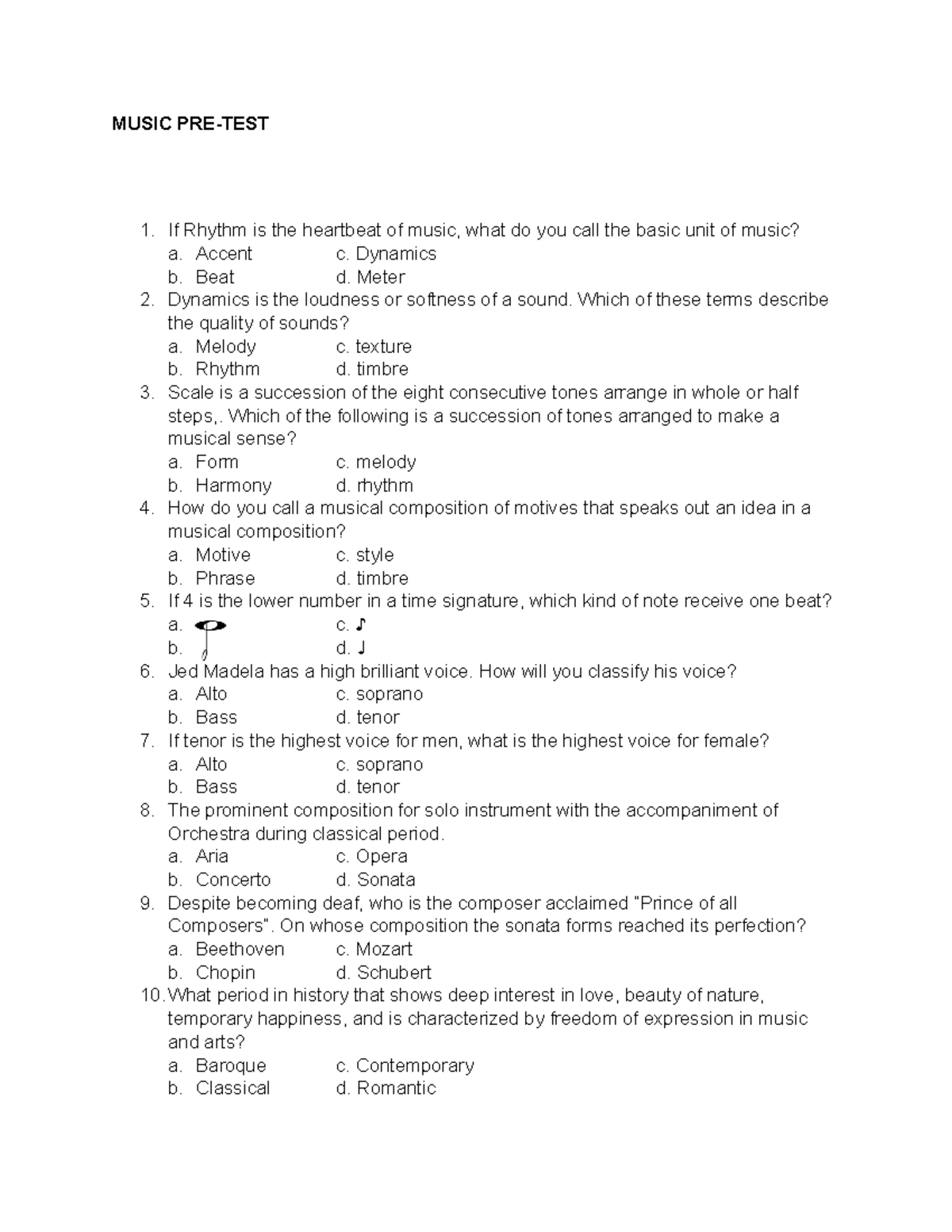 Music PRE-TEST 102 - Done by my colleague - MUSIC PRE-TEST If Rhythm is ...