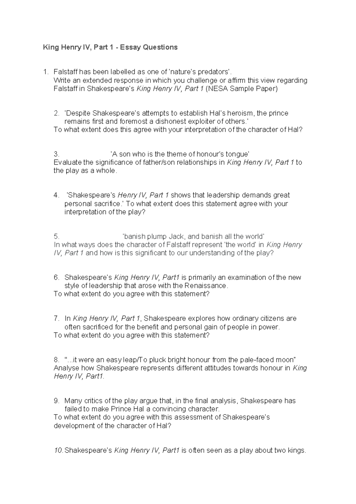 Essay Questions for Henry IV Part 1 - King Henry IV, Part 1 - Essay ...