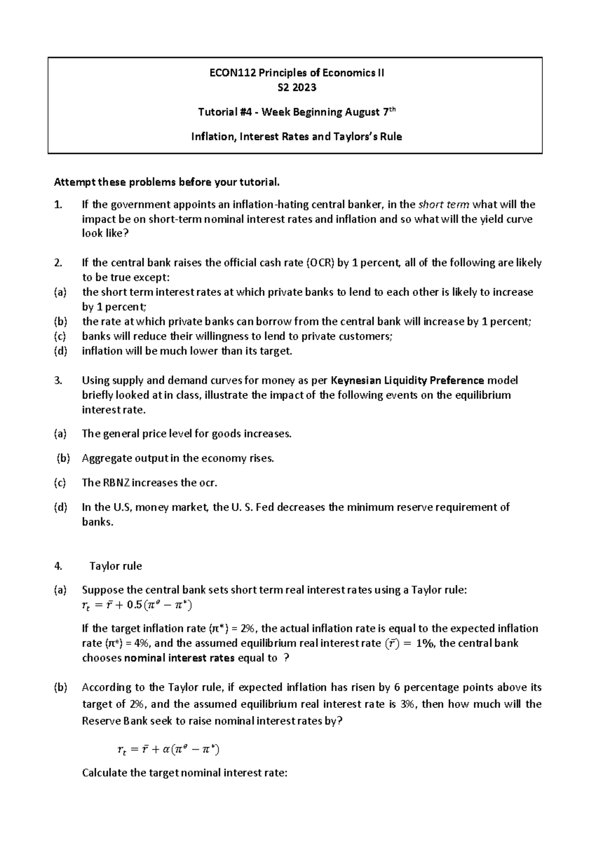 ECON112 2023 S2 Tutorial 4 - ECON112 Principles of Economics II S2 2023 ...