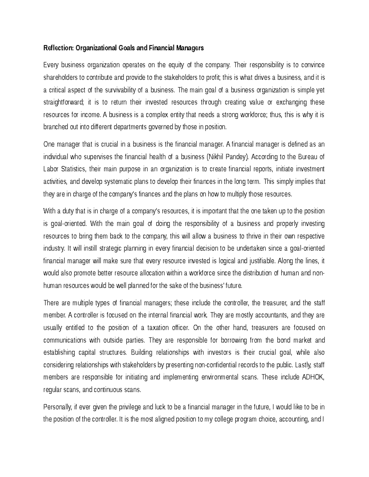 Business Finance Reflection - Reflection: Organizational Goals and ...