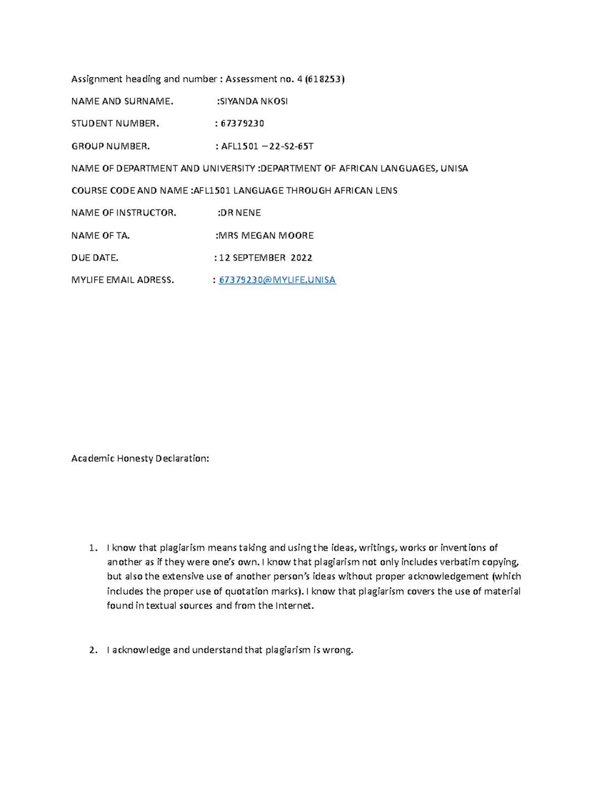 AFL 1501 Assignment 4 - Assignment heading and number : Assessment no. 4 (618253) NAME AND ...