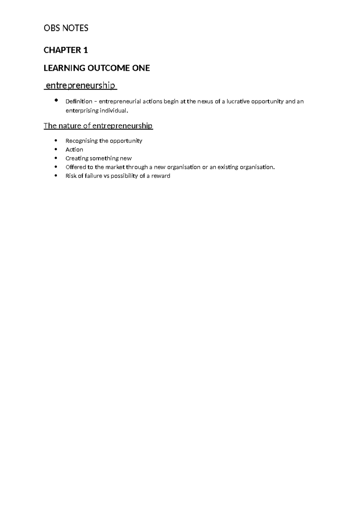 Obs notes - chapters 1-3 - CHAPTER 1 LEARNING OUTCOME ONE ...