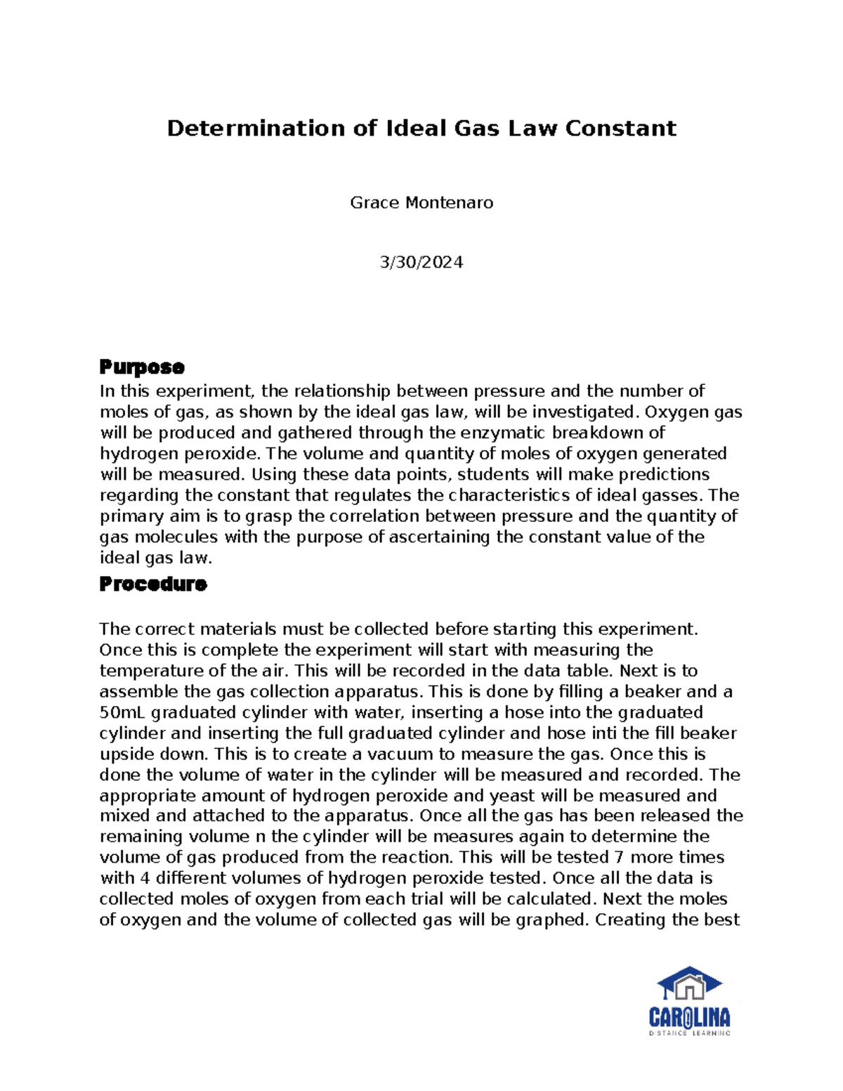 GMontenaro M6 Lab 1 Determination of Ideal Gas Law Constant ...