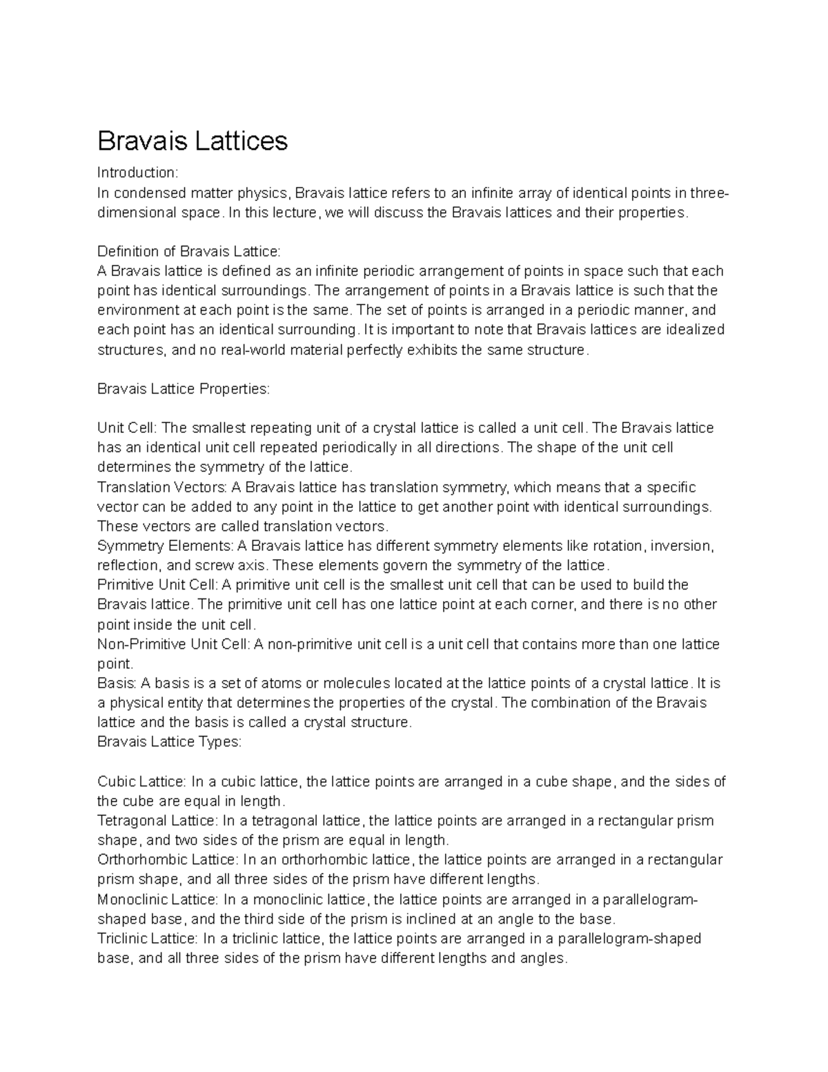 General Physics III (PHY-2040) Lecture 22 - Bravais Lattices - Bravais Lattices Introduction: In ...