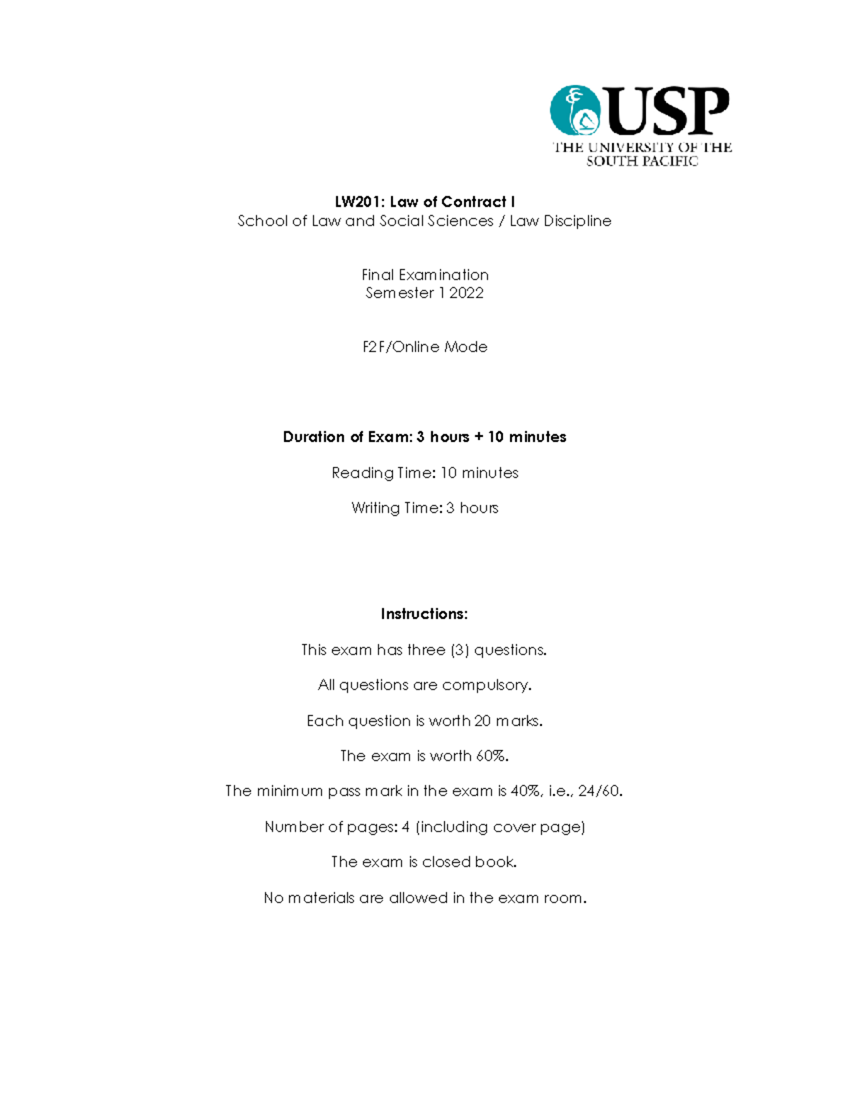 LW201 Exam - PRACTICE EXAMS - LW201: Law of Contract I School of Law ...