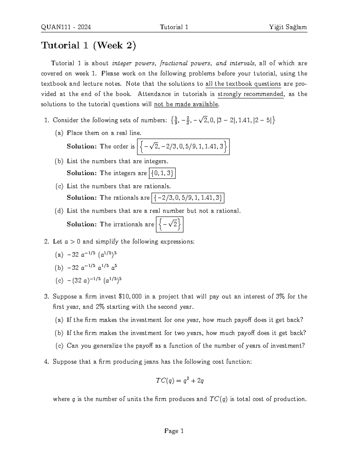 Quan111 2024 1 tut1 - QUAN111 - 2024 Tutorial 1 Yi ̆git Sa ̆glam Tutorial 1 (Week 2) Tutorial 1 ...