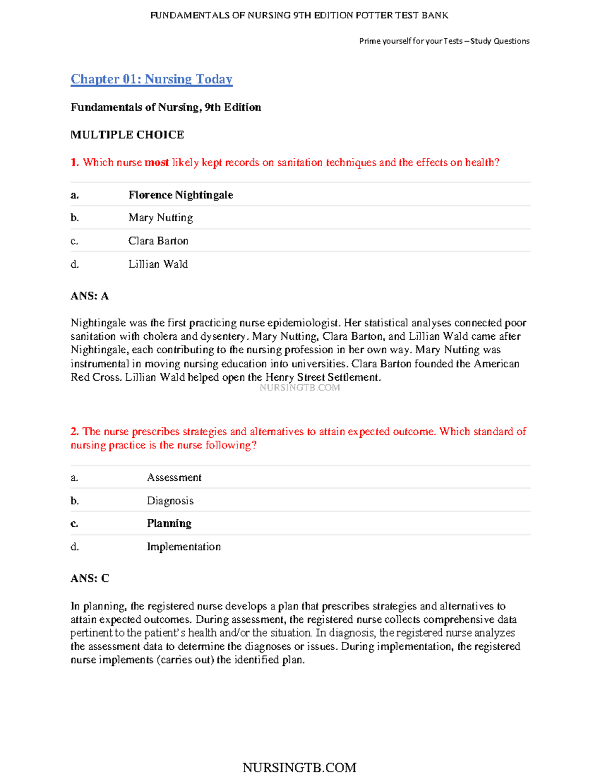 Chapter 01 - Questions and answers - NURSINGTB Prime yourself for your ...