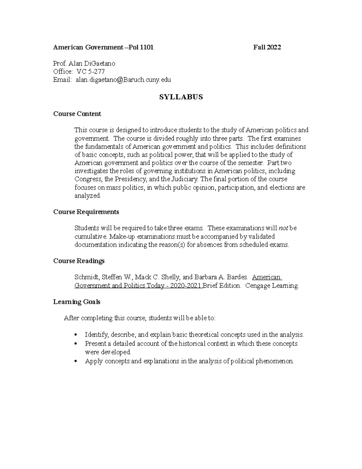 Pol 1101 Syllabus Fall 2022 - POL 1101 - Baruch College - Studocu