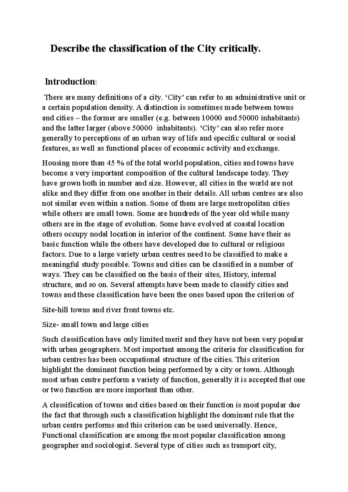 Classification of Indian Cities - Describe the classification of the ...
