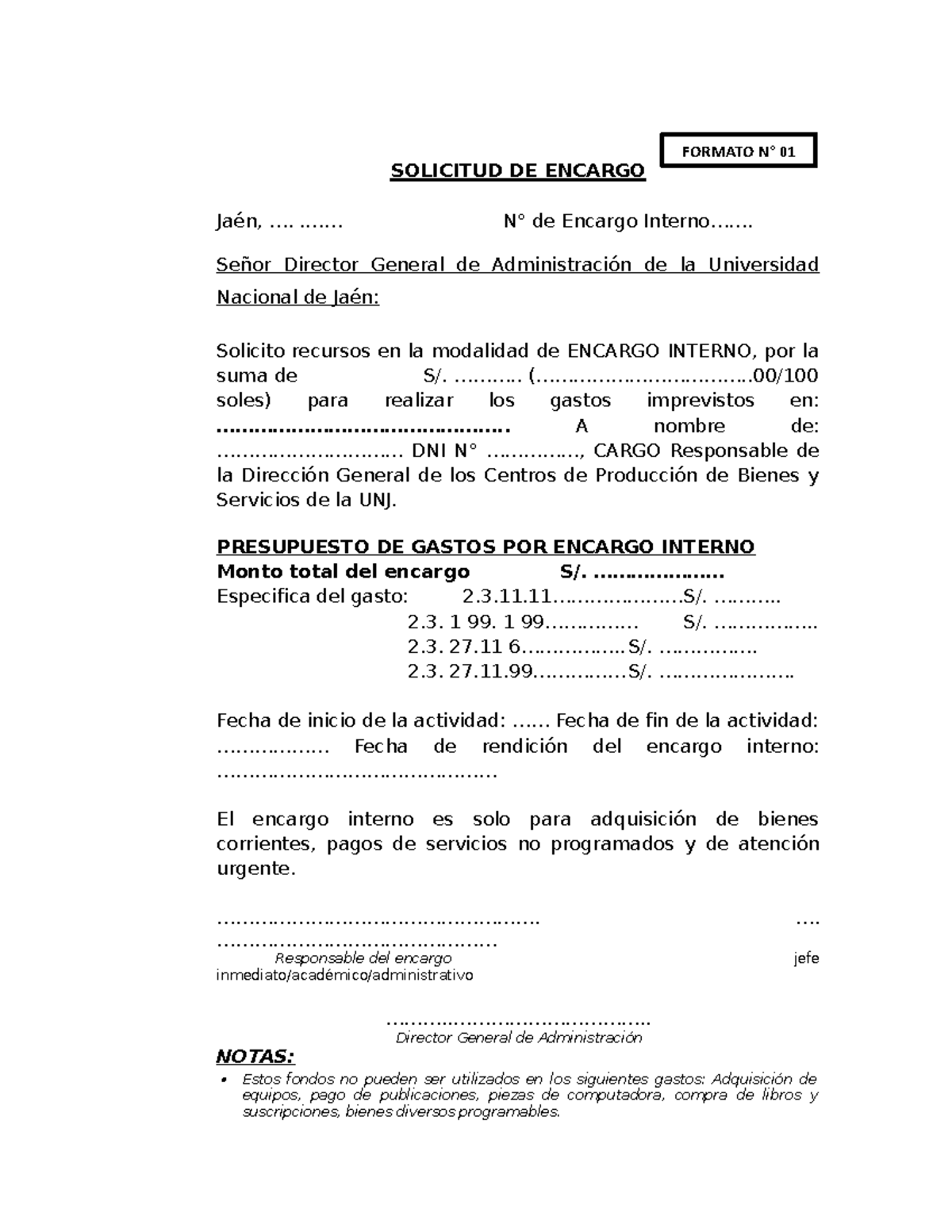 Formatos Encargo Interno - SOLICITUD DE ENCARGO Jaén, .... ....... N ...