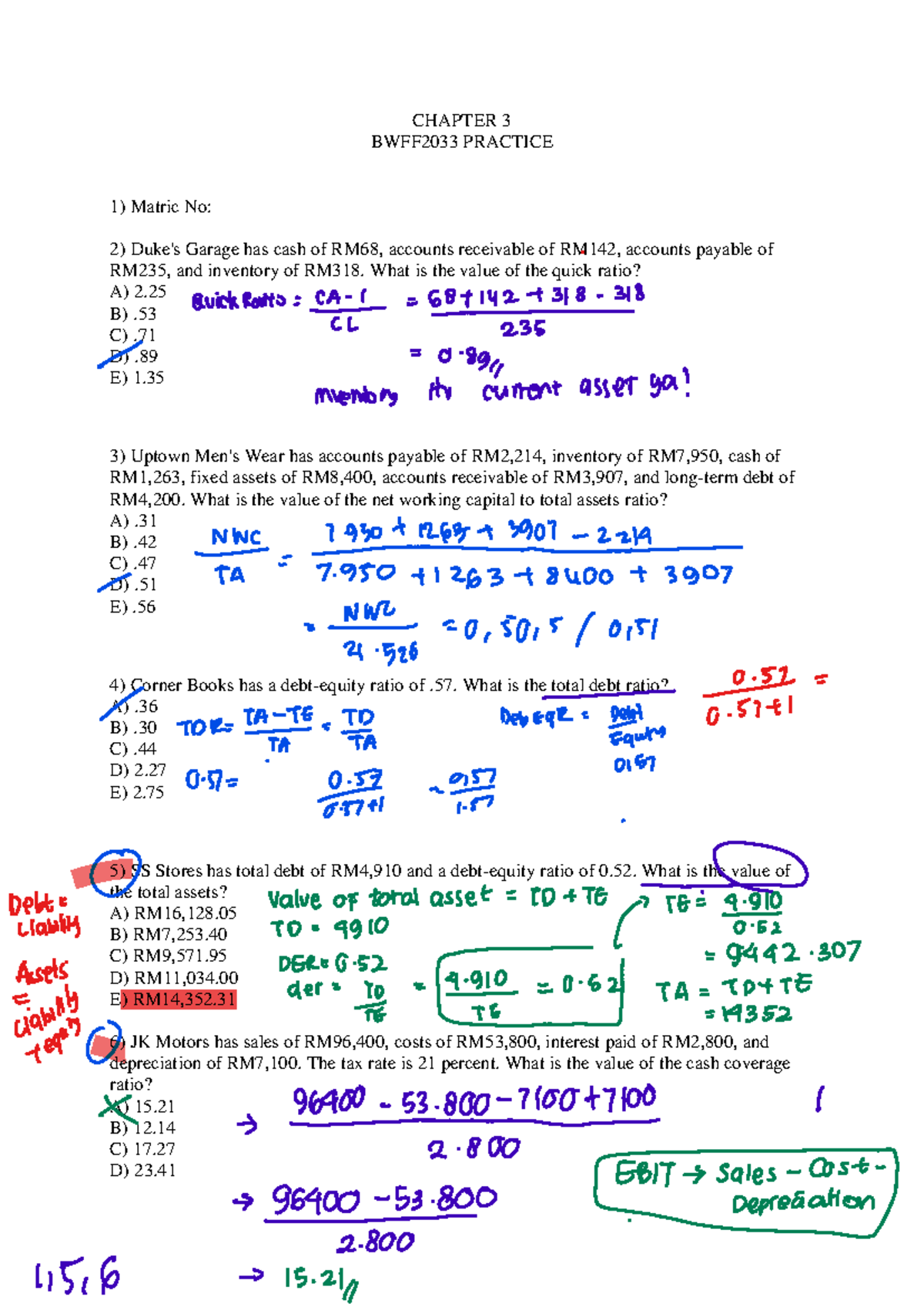 CHAPTER 3 EXERCISES WITH ANSWER QUICK RATIO & DEBT RATIO - CHAPTER 3 ...