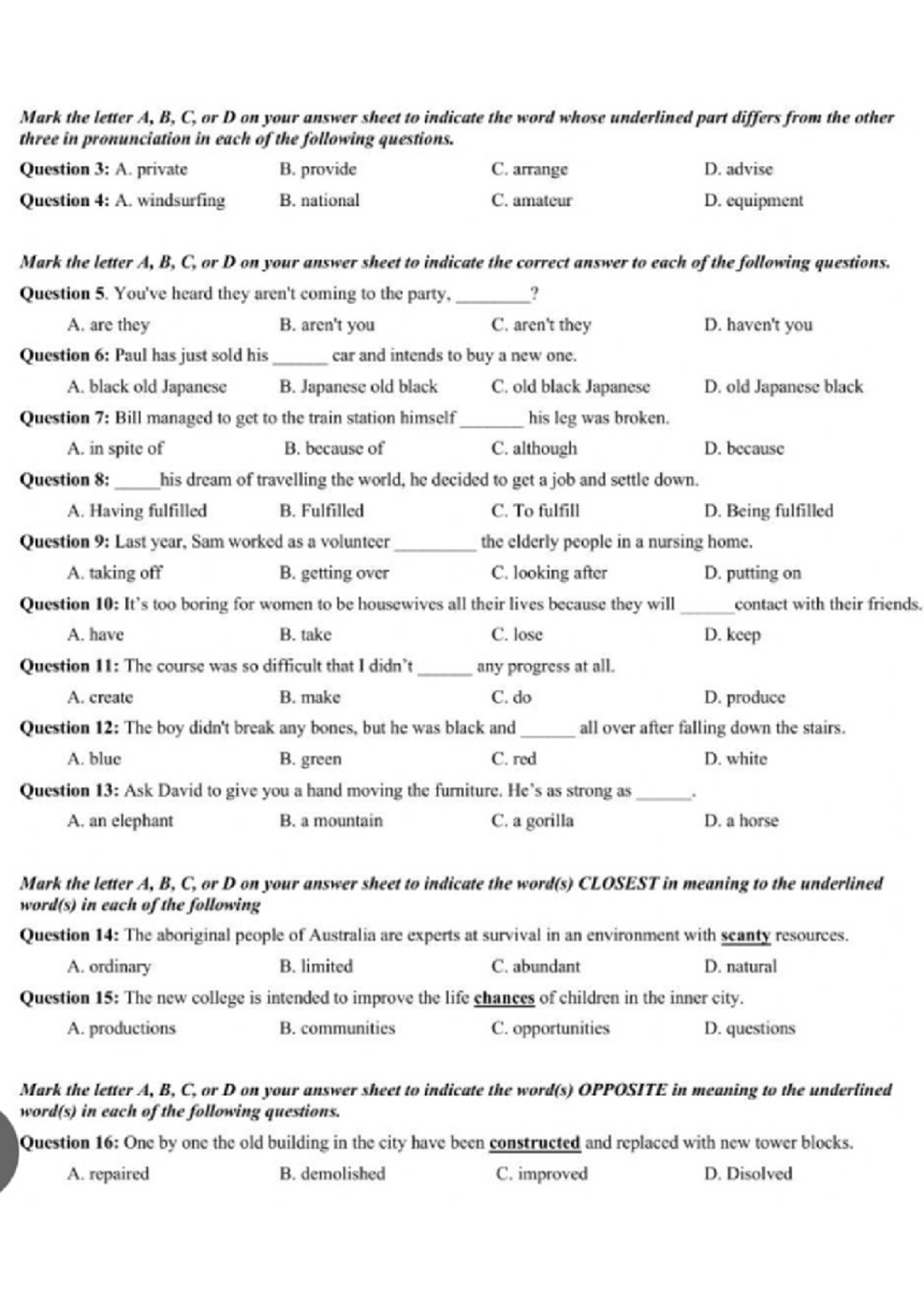 HONORS ALGEBRA MATH 235 Testing Study Guide - Mark the letter A, B, C ...